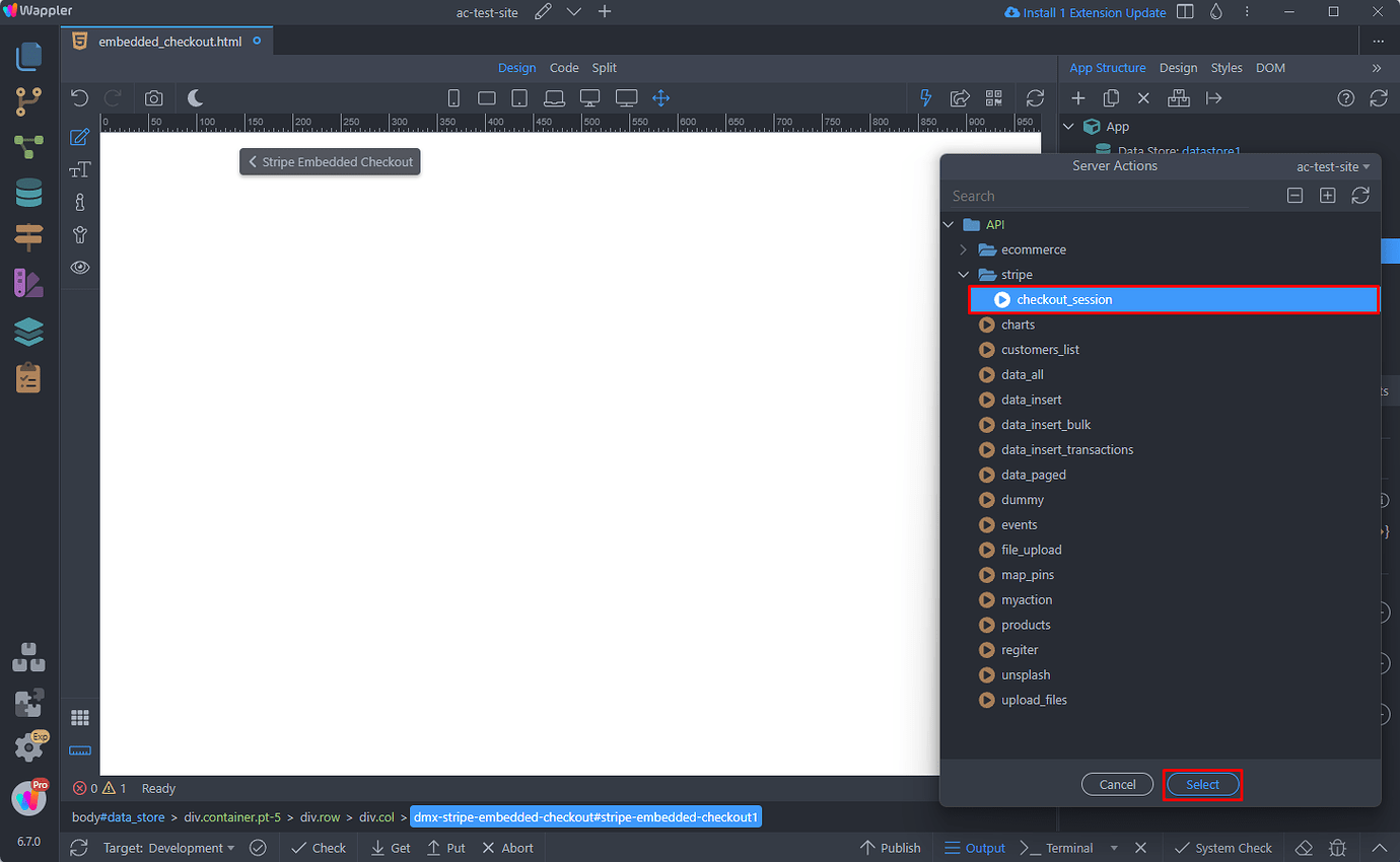 Wappler Documentation - Using Stripe Embedded Checkout