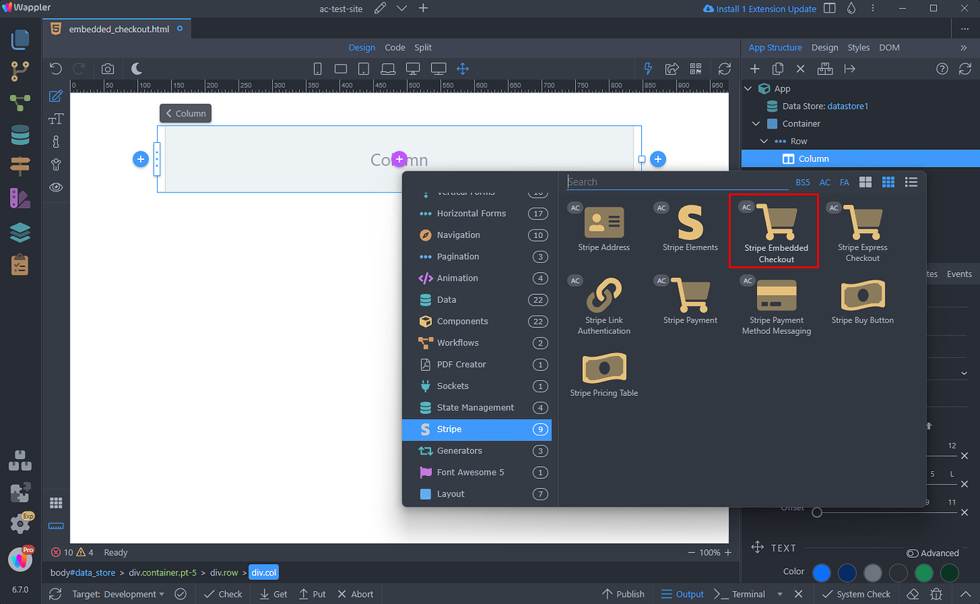 Wappler Documentation - Using Stripe Embedded Checkout