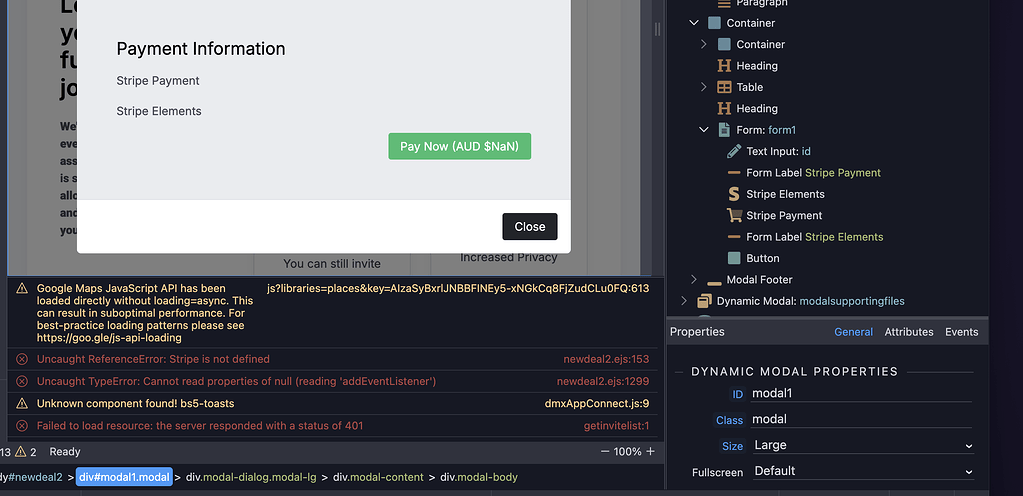 Stripe payment form not showing - Bugs - Wappler Community
