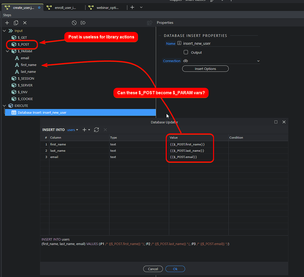 Automatically make the database variables $_PARAM for library actions - Feature Request ...
