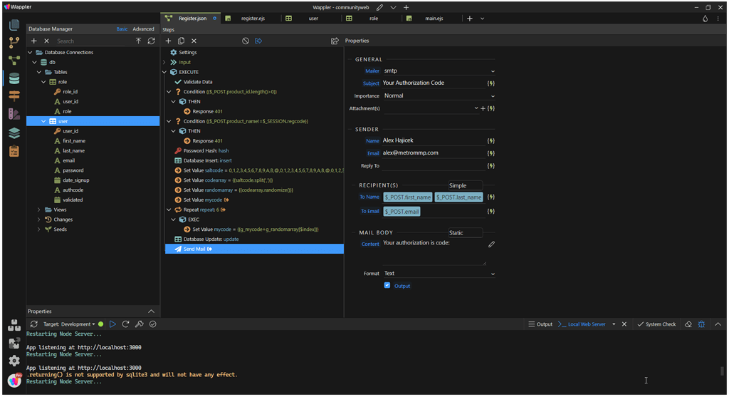 Sqlite Error: Tutorial Follow-Along Fail - Sending an authorisation code to confirm the account ...