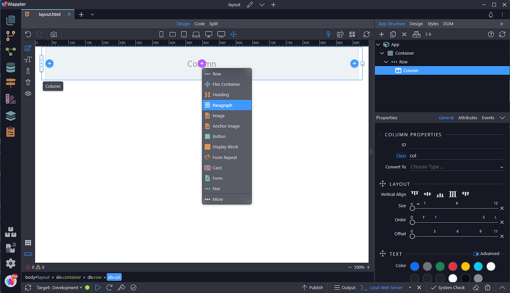 Wappler Documentation - Bootstrap Layout