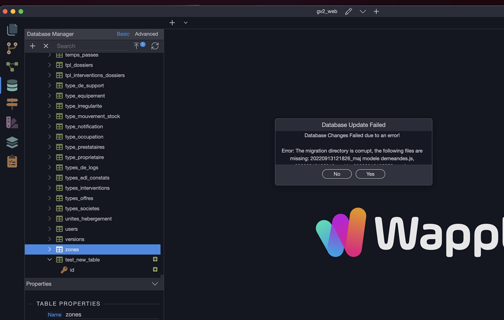 Can't modify DB, can't add new table, no more seed and change files - Need Help - Wappler Community