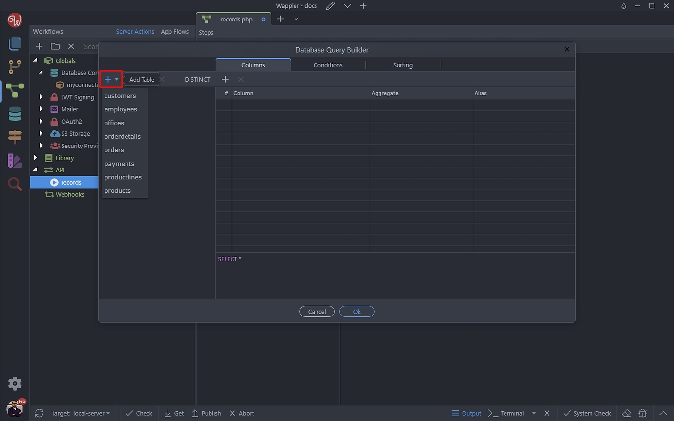 Wappler Documentation Creating Database Queries